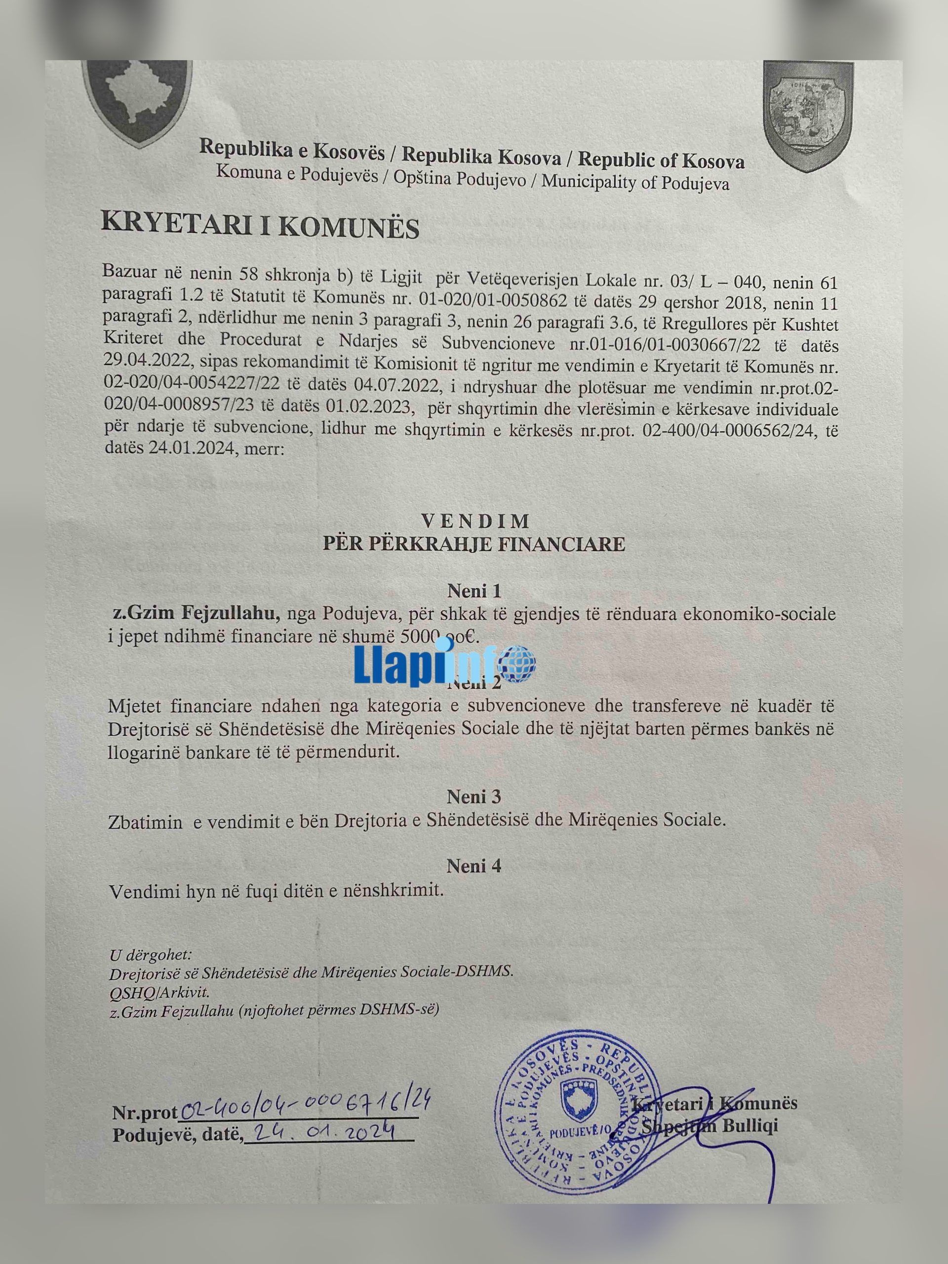 Komuna e Podujevës ndan 5 mijë euro për familjen e Lulzim Fejzullahut (Dokument)