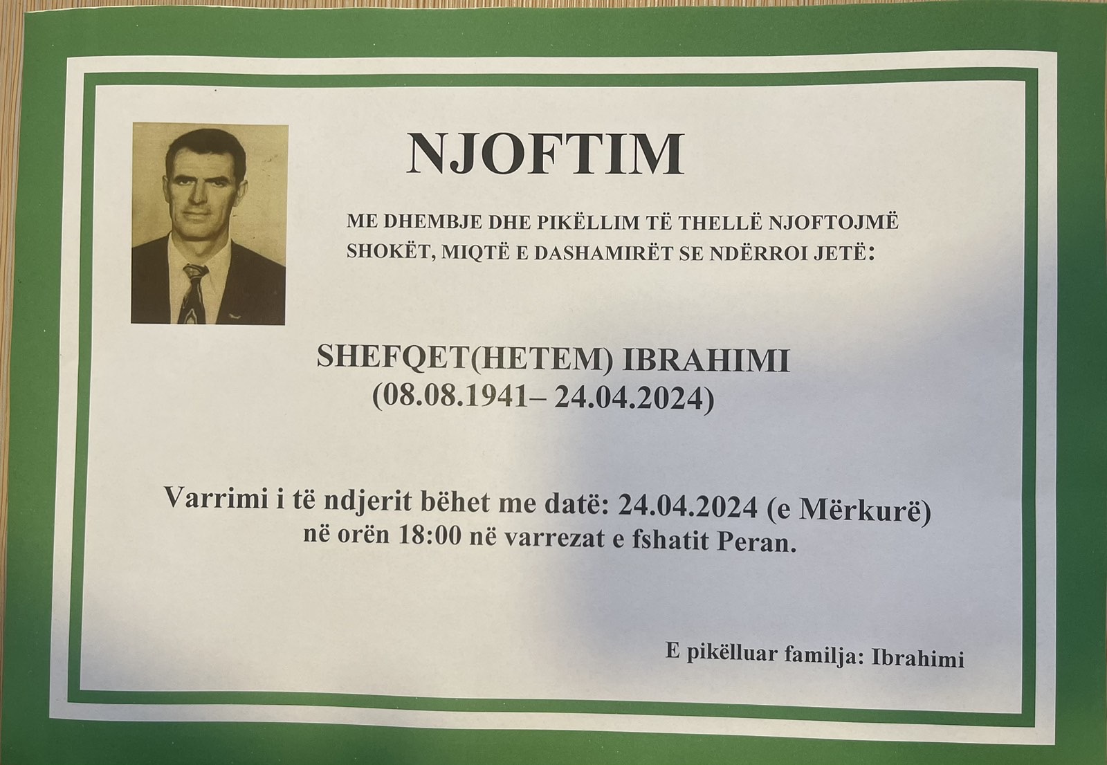 Podujevë; Ndërron jetë Shefqet Ibrahimi (Podujevë)